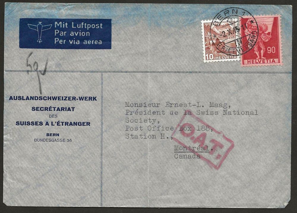 Flugpost Schweiz 1945 OAT Bern Kanada Luftpost (Gebraucht) in Au ZH für CHF 20 – mit Lieferung ...