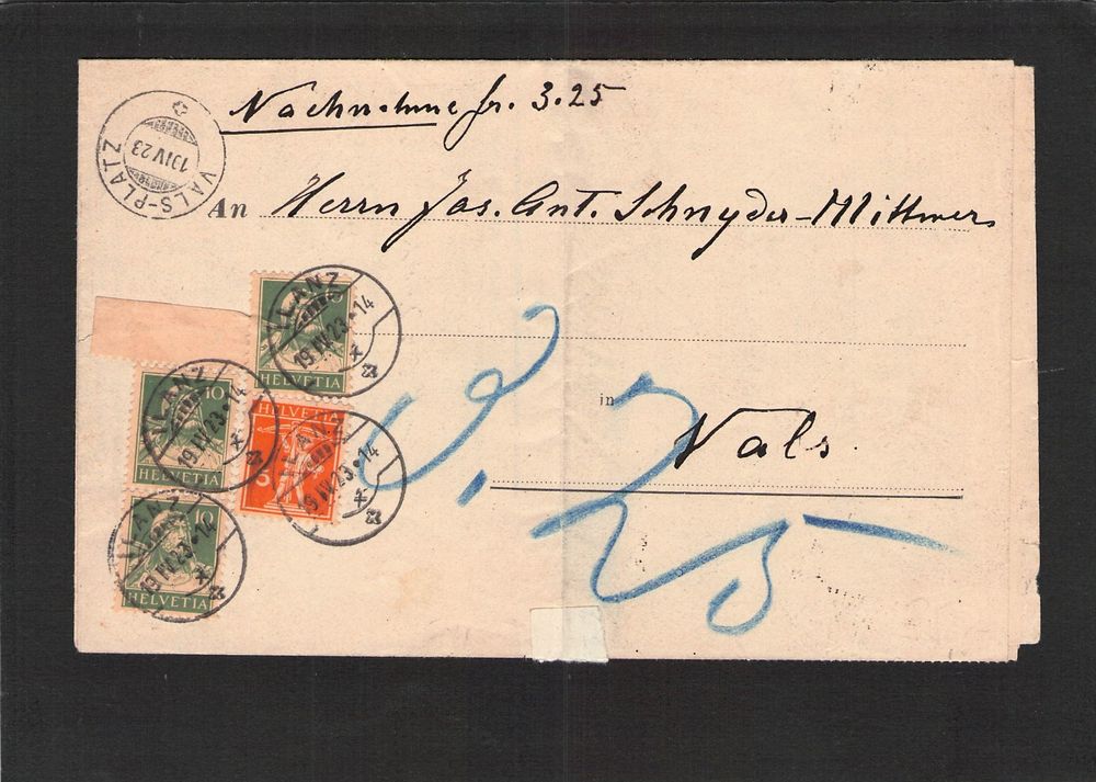 Nachnahme-Zahlungsbefehl Jlanz nach Vals 19.4.1923 mit Freim (Gebraucht ...