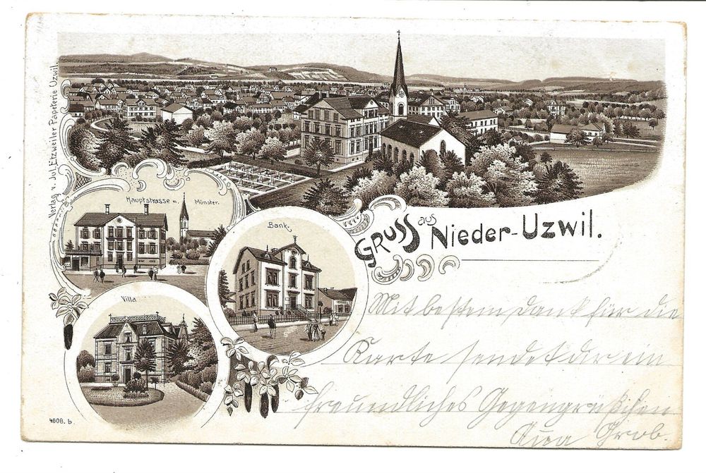 Gruss aus Niederuzwil (SG) Bank - Villa - Litho-AK - 1902 (Gebraucht) in Engelburg für CHF 26 ...
