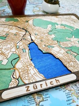 Design Stadtkarte Zürich 3D Holzkarte Woodmap Gelasert Handa (Neu und ...