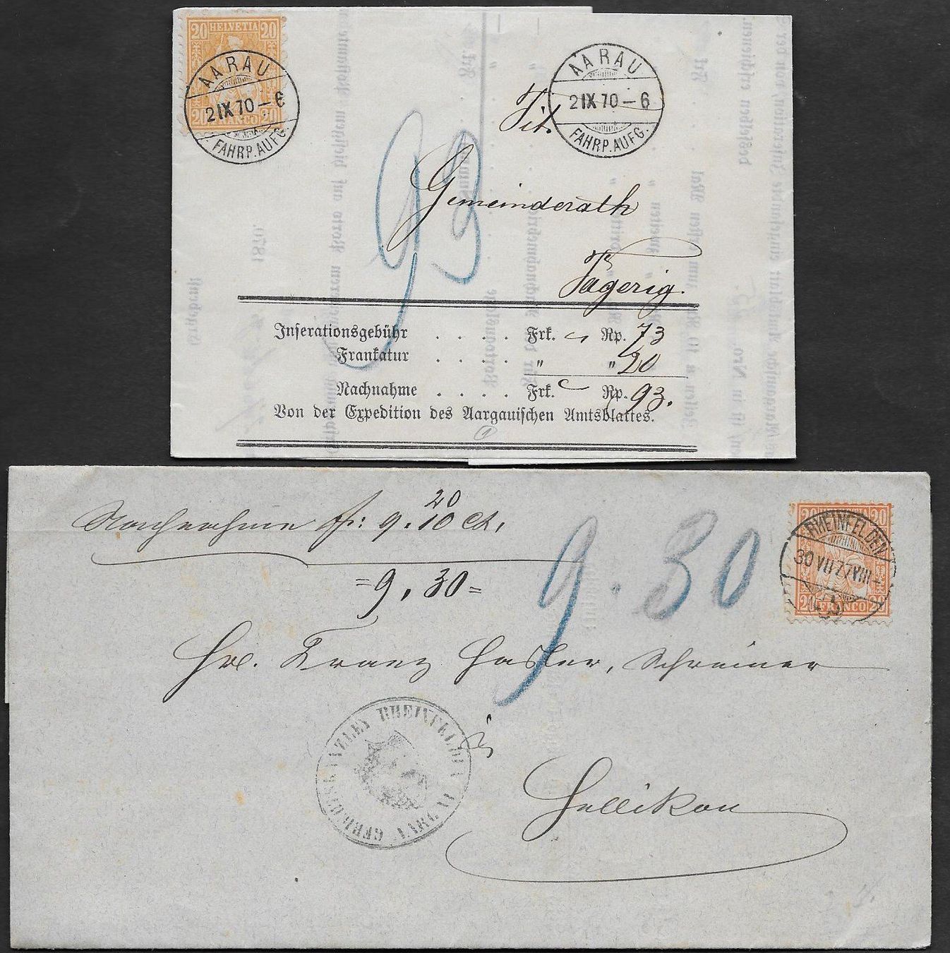 1870/77 zwei Briefe AARAU + RHEINFELDEN Nr. 32 Farbe ab 1.- (Gebraucht ...