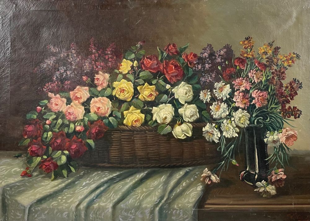 Antikes grosses Stillleben Gemälde mit Blumen im Korb Sign. (Gebraucht) in Root für CHF 45 – mit ...
