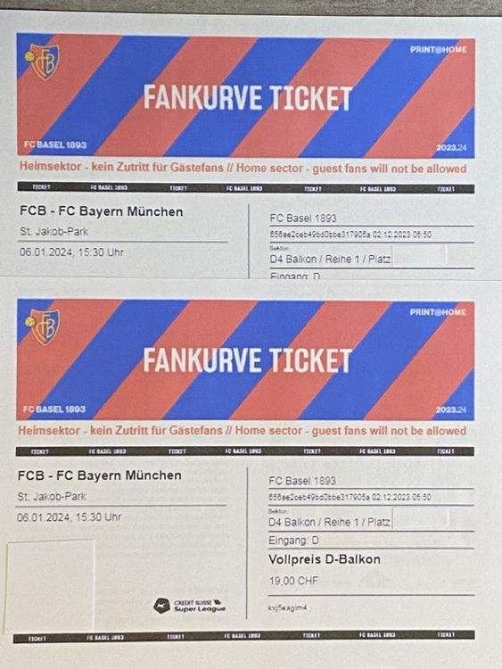 FC Basel - FC Bayern München, 2 Tickets D4 Balkon 1. Reihe (Neu (gemäss ...