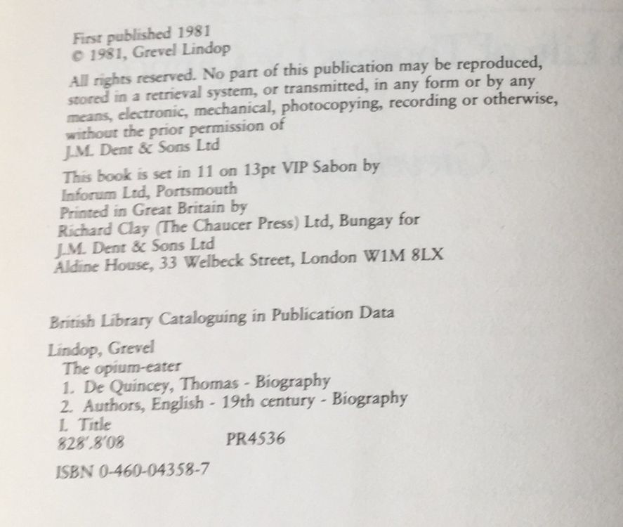The Opium-Eater A Life of Thomas De Quincey Grevel Lindop HC (Gebraucht ...