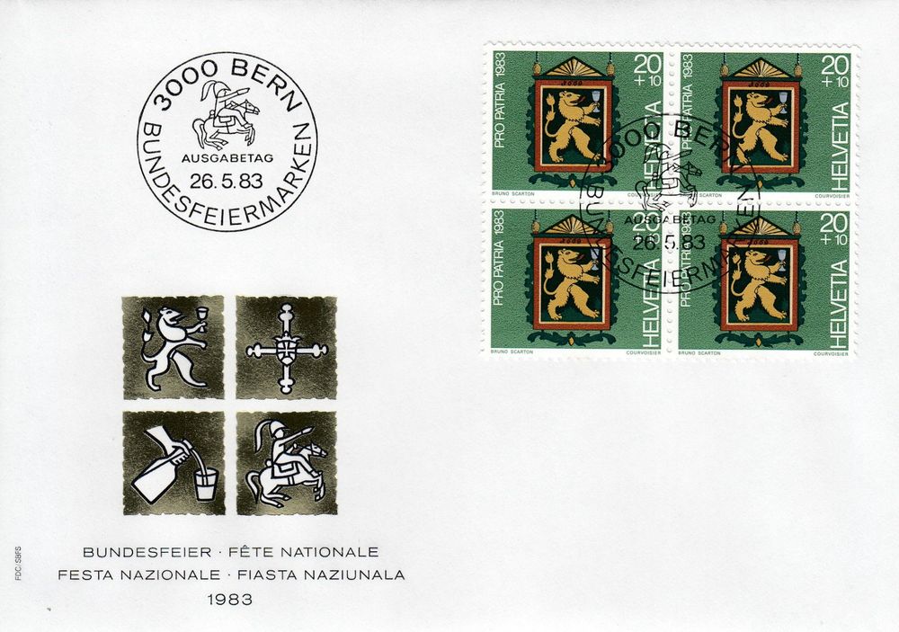 1983 Pro Patria 4 FDC Viererblock (Gebraucht) in Spreitenbach für CHF 2 – mit Lieferung auf ...