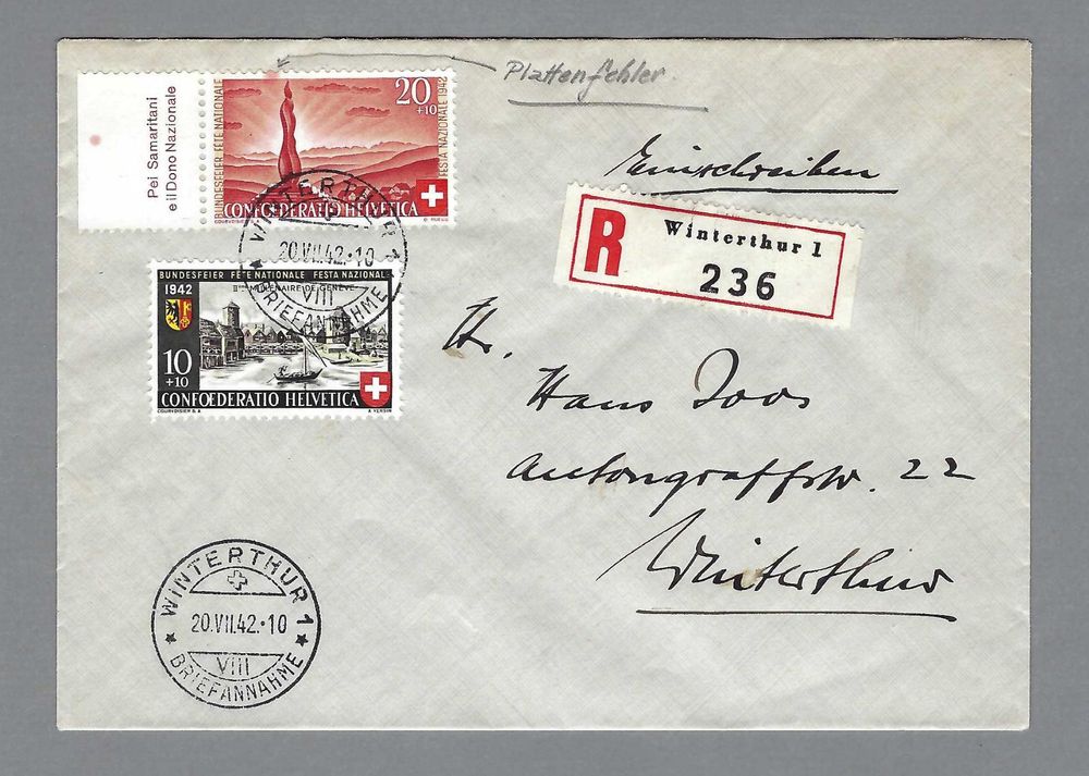 1942, PRO PATRIA SATZBRIEF 1942, 0 WINTERTHUR, MIT PLATTENF. | Kaufen auf Ricardo