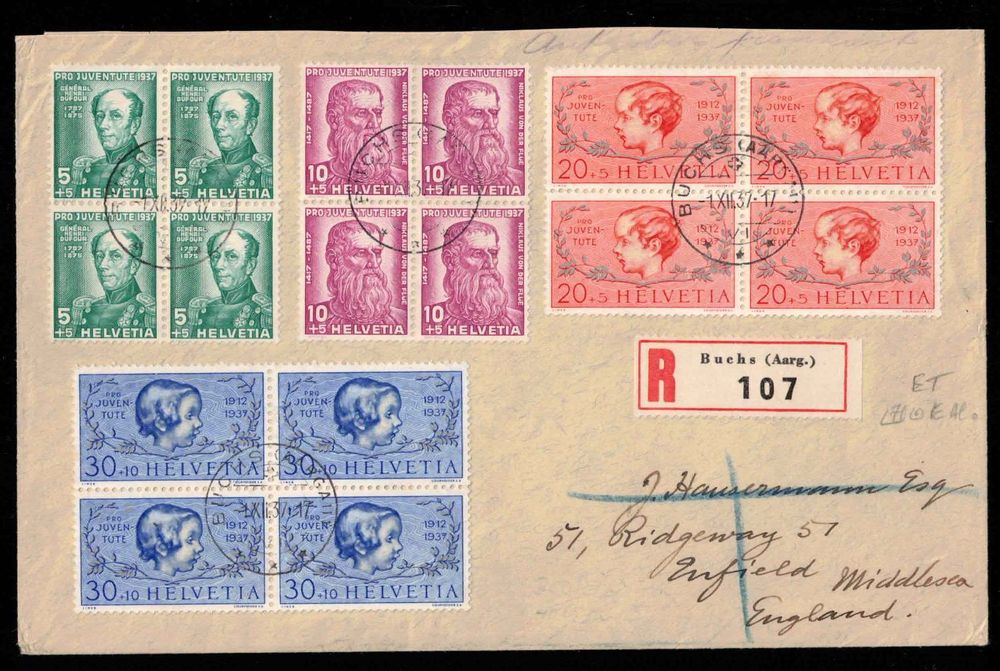 Pro Juventute 1937 spektakulärer FDC mit Viererblocks (Neu (gemäss Beschreibung)) in Nuglar für ...