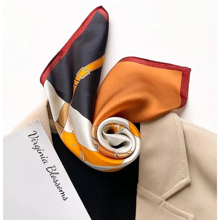 New 53cm Silk Scarf, Chain Print Black White Orange Scarf (Neu und ...