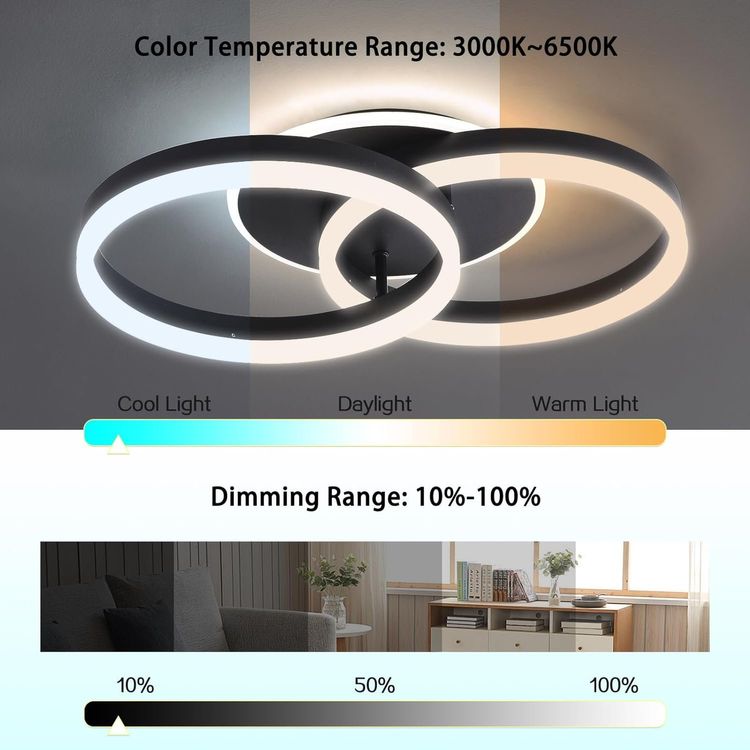 LED Deckenlampe Dimmbar 50 cm Schwarz 2-Ringe Design (Neu und ...