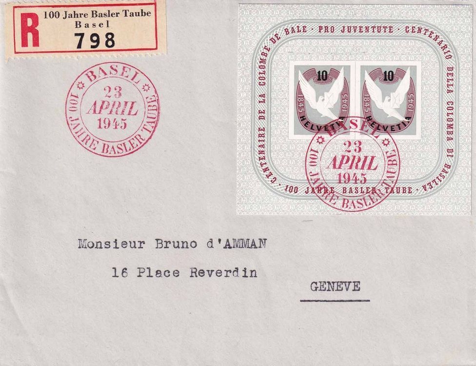 1945, Basler-Block Nr. W23 auf R-Brief, rotem Sonderstempel. (Gebraucht) in Aesch BL für CHF 45 ...