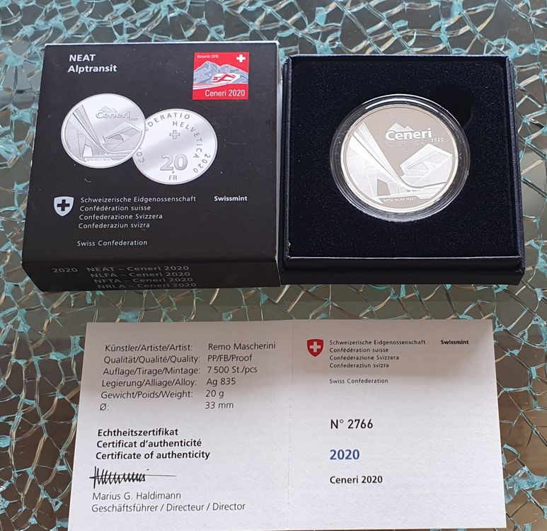 20 francs 2020 "NEAT Alptransit Ceneri",Ag,flan bruni (Neu und originalverpackt) in Hauterive NE ...