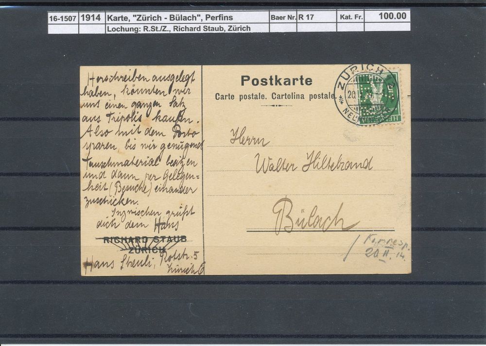 1914 Karte "Zürich - Bülach", Perfins Richard Staub, Zürich (Gebraucht ...