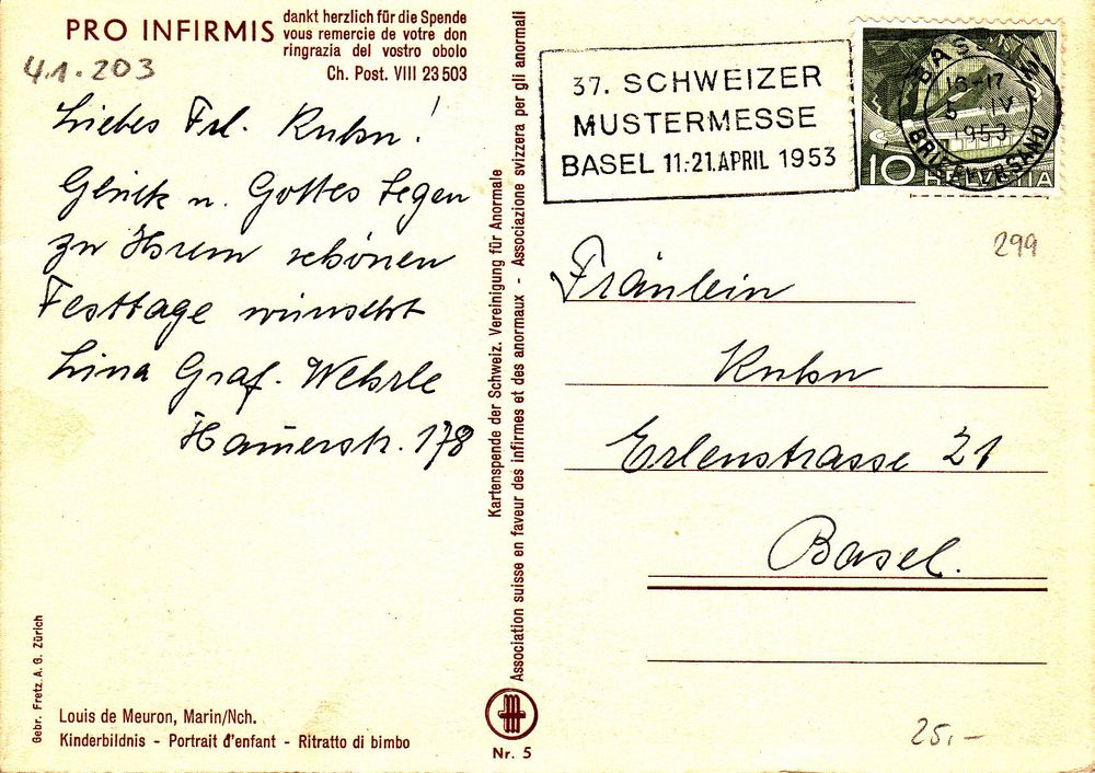 Pro Infirmis Karte mit Flaggenstempel Mustermesse Basel 1953 | Kaufen auf Ricardo