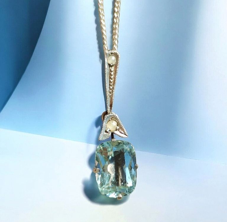 Art Deco Silber Anhänger Aquamarin mit Perlen + Halskette (Gebraucht ...