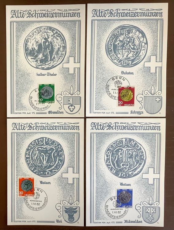 4 Maximumkarten 1962 Pro Patria Schweizermünzen FDC (Neu (gemäss Beschreibung)) in Meyrin für ...