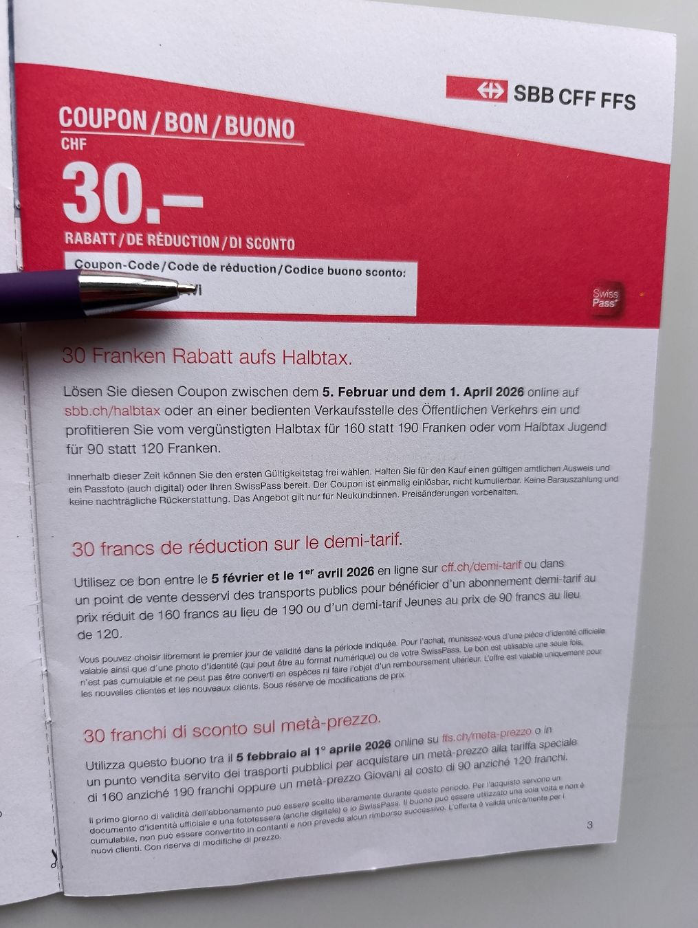 CHF 30 Discount on SBB Half-Fare Travelcard (Neu und originalverpackt ...