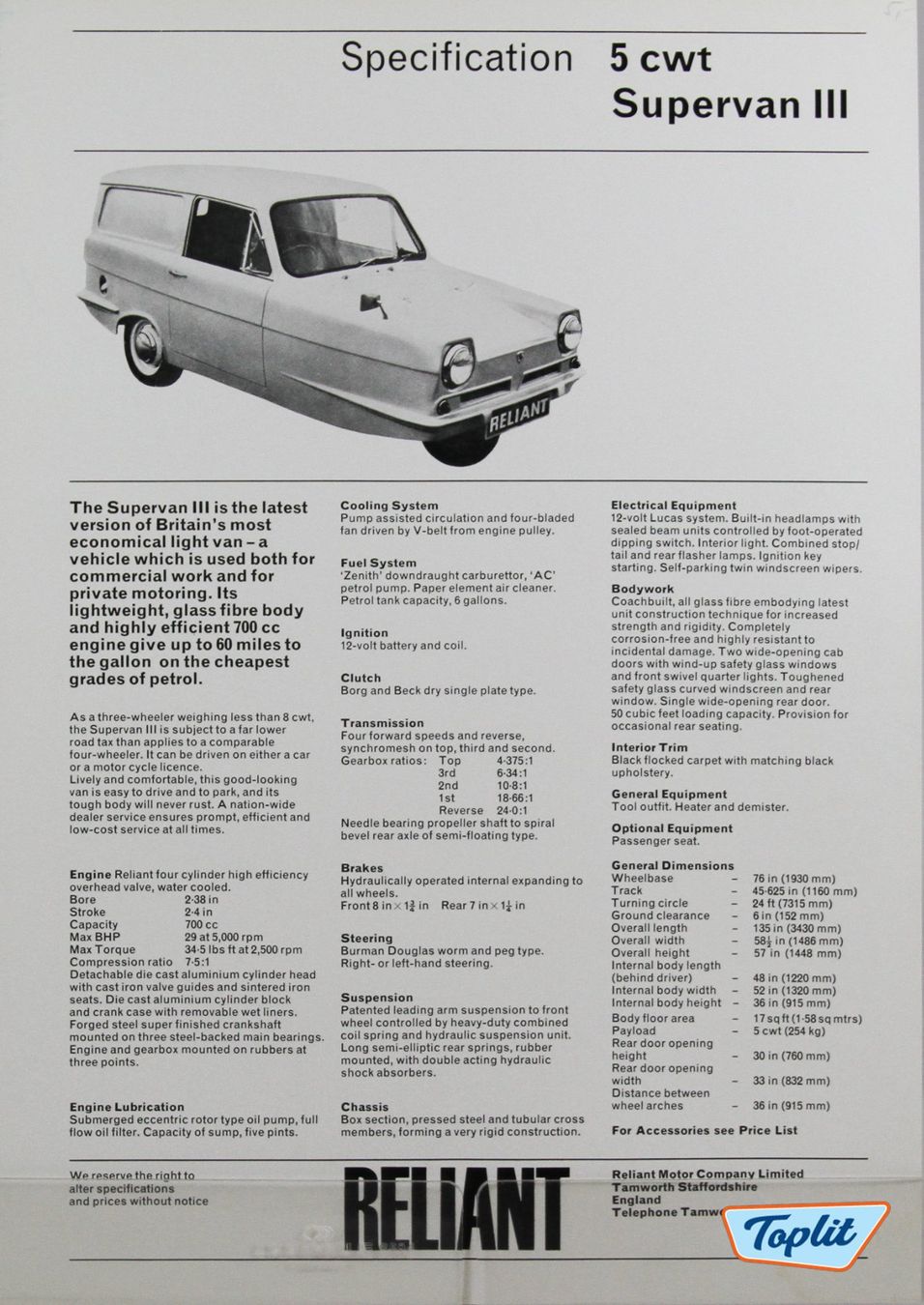 ORIGINAL FLYER RELIANT 5CWT SUPERVAN III - AB 1953 BIS 1973 (Gebraucht ...