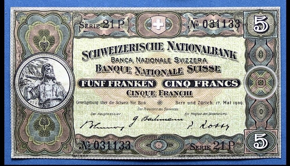 Schweizer Fünfliber / 5 Franken 1939 Note 2.Serie Pick#11 (Gebraucht ...