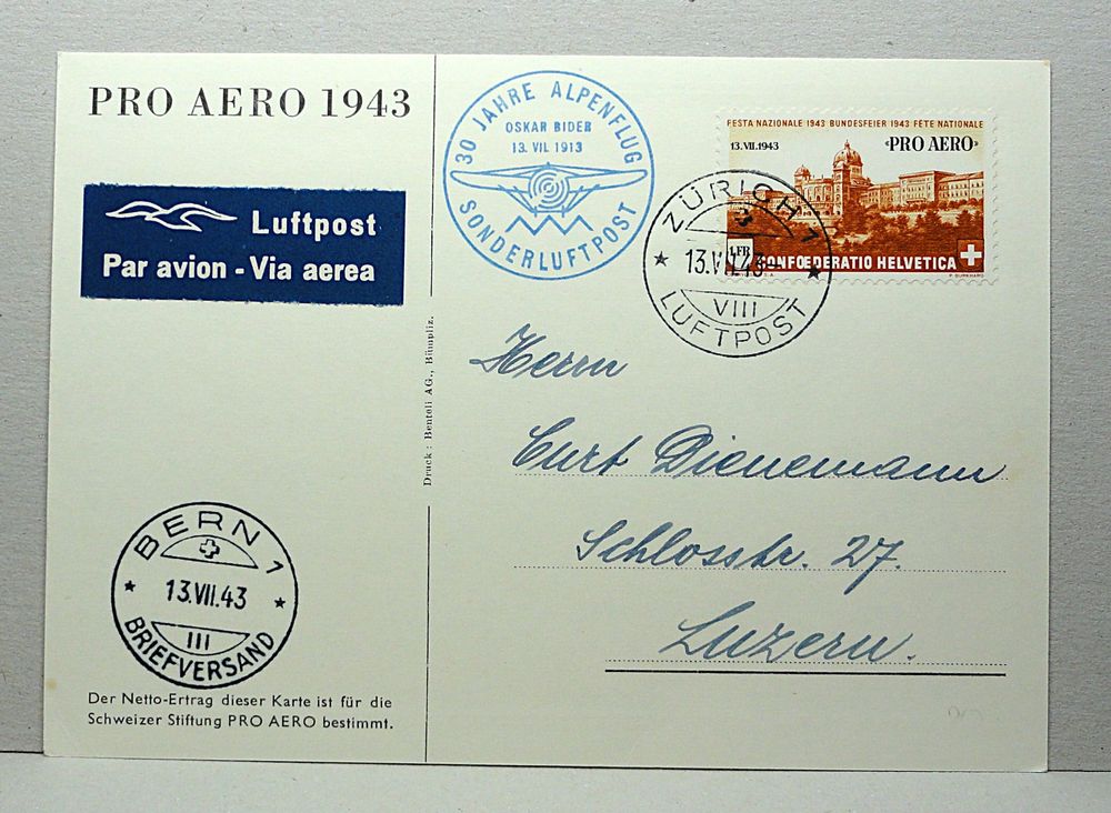 Postkarte Pro Aero F36 / Zürich-Bern 13.VII.1943 | Kaufen auf Ricardo