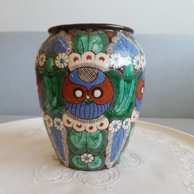 Schweiz Thun "Chrutmuster " Majolika-Vase mit Eulenmotiv | Kaufen auf ...