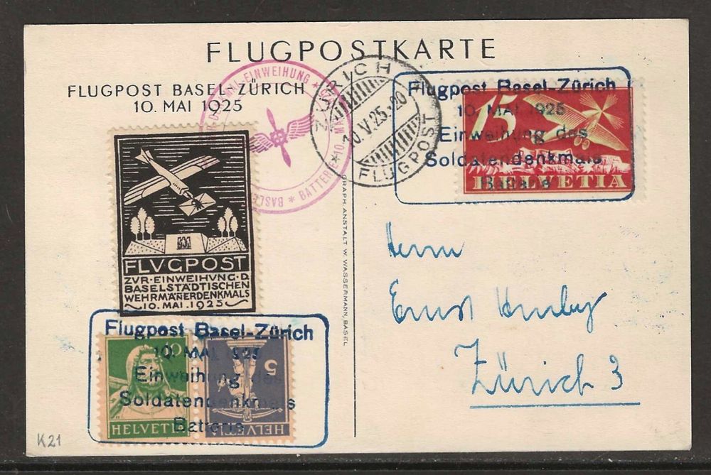 1925 : Flugpost Karte mit Vignette (Gebraucht) in Gümligen für CHF 8 – mit Lieferung auf Ricardo ...