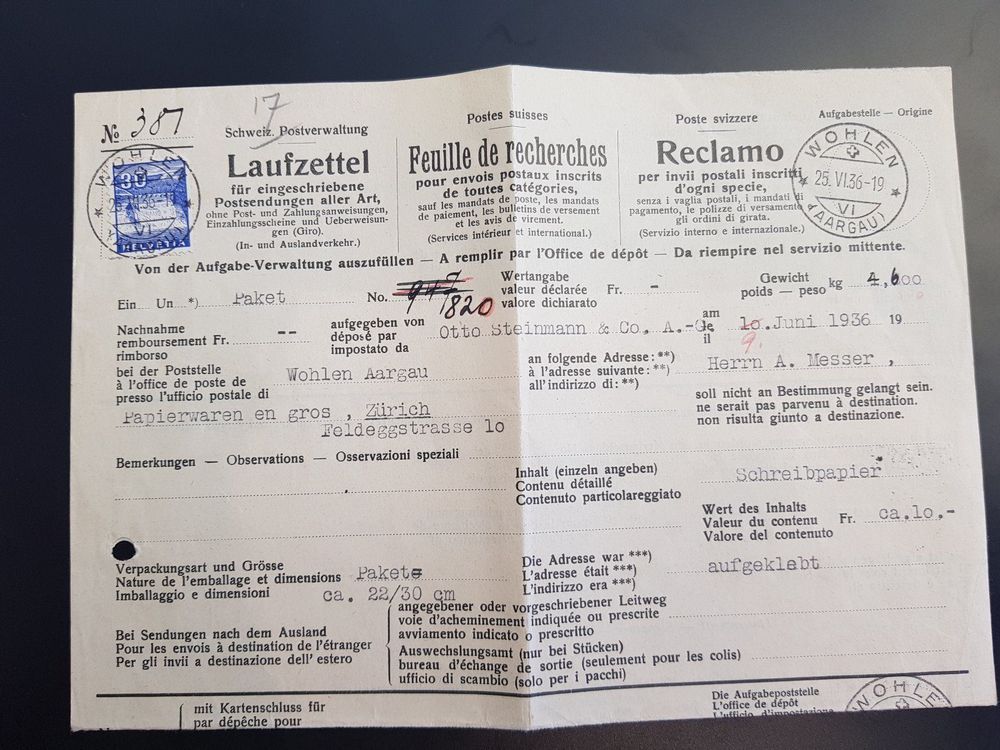 1936 Laufzettel mit 200 (Gebraucht) in Küsnacht ZH für CHF 9.5 – mit ...