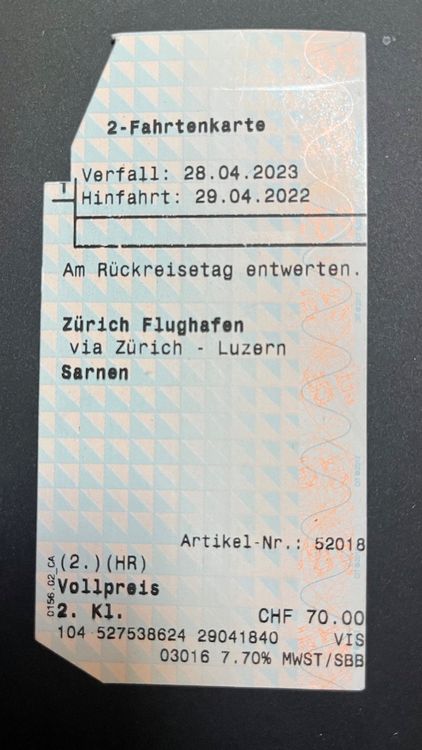 SBB Ticket / Zürich-Sarnen (Gebraucht) in Bassersdorf für CHF 13.9 ...