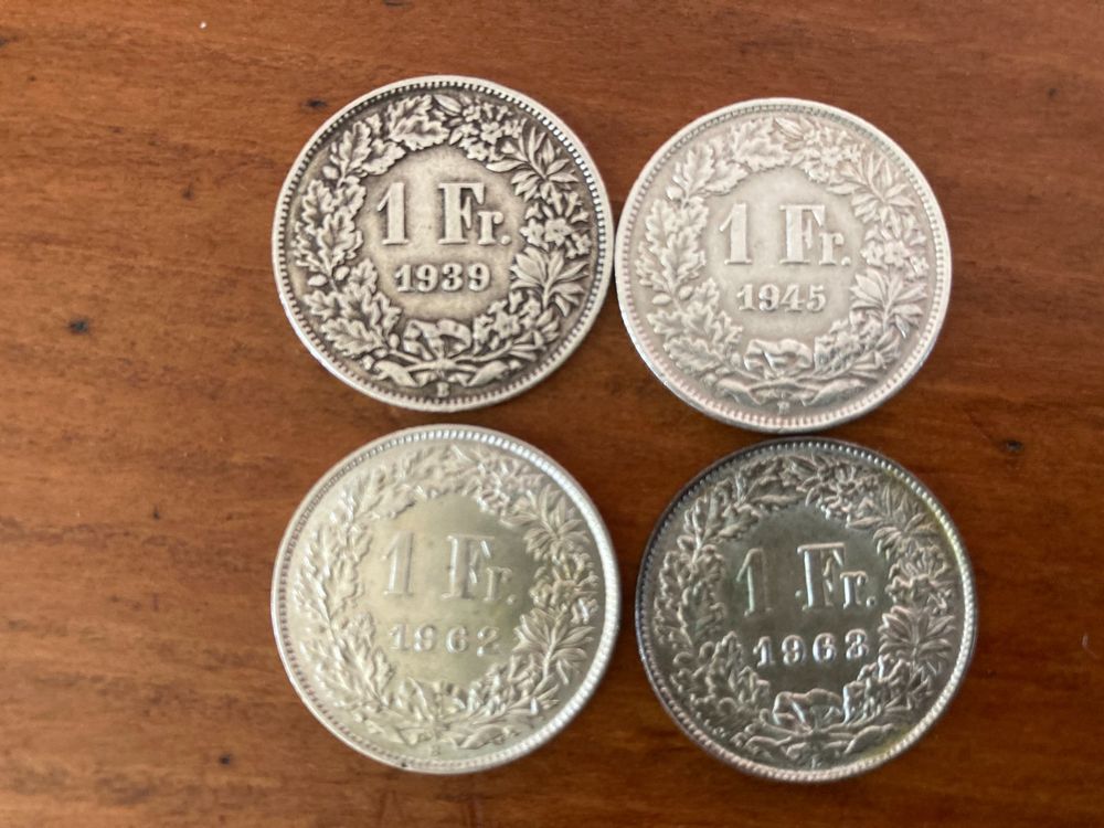 Schweizer Silbermünze 4 x 1 Fränkler 1939 1945 1962 1963 (Gebraucht) in Subingen für CHF 12.5 ...