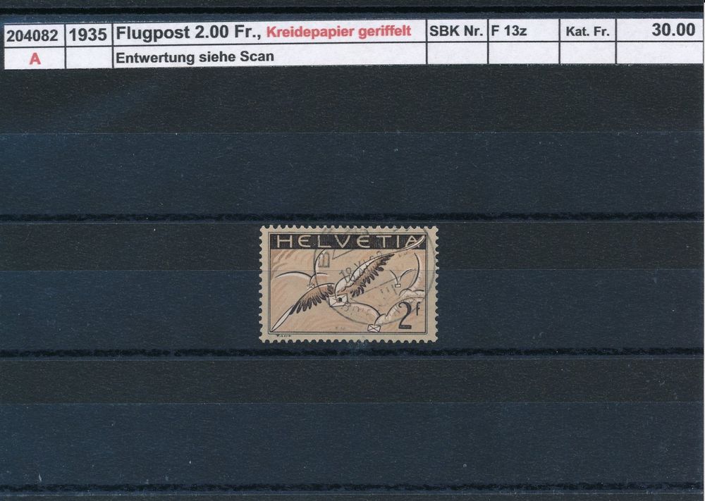 1935 Flugpost - 2.00 Fr., Kreidepapier geriffelt (Gebraucht) in Winterthur für CHF 4.5 – mit ...