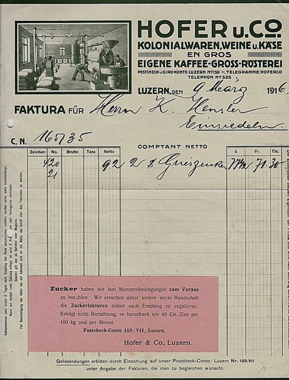 Alte Rechnung von 1916 mit Briefkopf-Firma HOFER u.Co.Luzern (Gebraucht) in Schlieren für CHF 5 ...