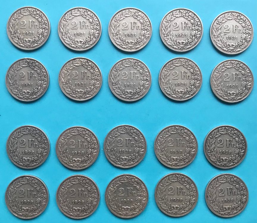 20 alte Schweizer Silber 2 Franken-Münzen je 10 x 1921/1928 (Gebraucht) in Zürich für CHF 108 ...