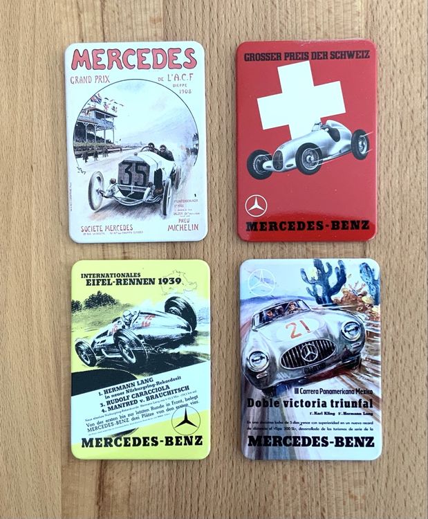 4 Vintage Mercedes Race Car Magnets, each 7x10 cm, new (Neu (gemäss ...