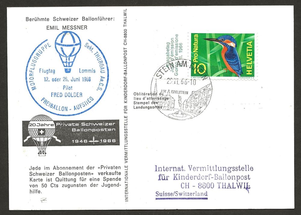 Ballon Flugpost Schweiz 1966 Zurzach Stein am Rhein Luftpost (Gebraucht) in Au ZH für CHF 2 ...