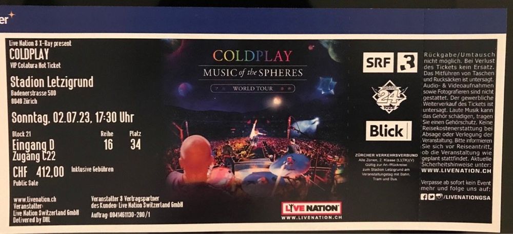 Coldplay 1 VIP Colatura Hot Ticket 2.7.2023 | Kaufen auf Ricardo