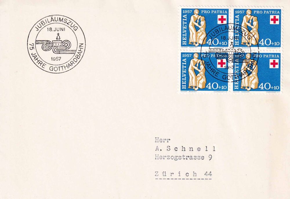 1957, Pro Patria Nr. 81-85 Viererblock-Serie, auf 5 Belegen. | Kaufen auf Ricardo