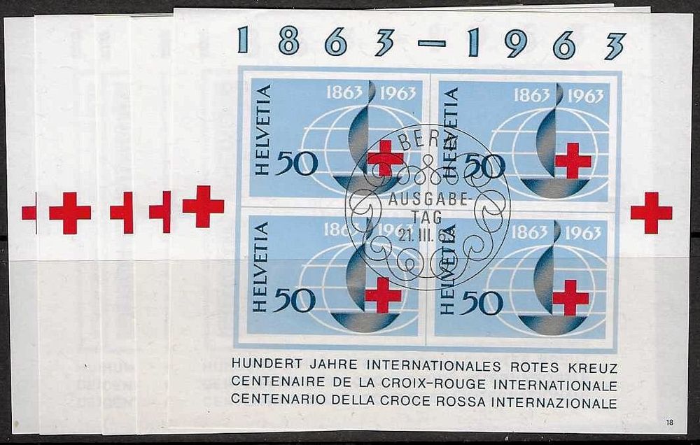 1963, 5 x 100 Jahre Rotes Kreuz mit ET-Stempel (Gebraucht) in Basel für ...