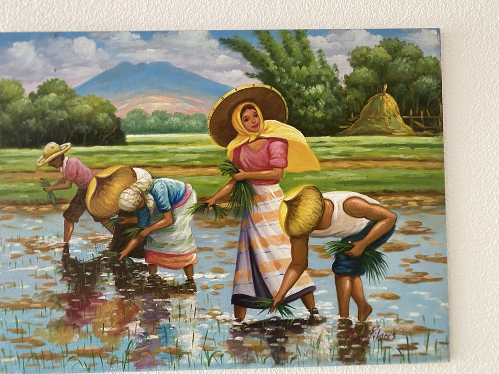 Vintage Rice Paddy Landscape Oil Painting - Signed Art (Gebraucht) in ...