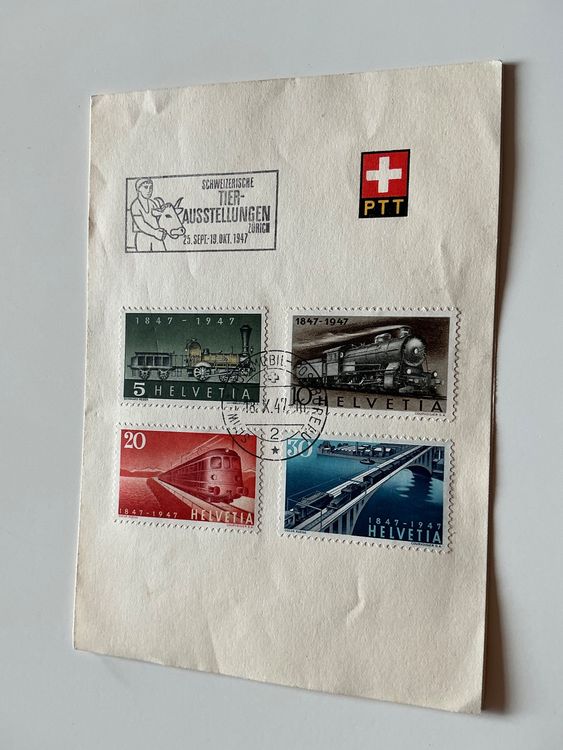 4 Schweizer Briefmarken: 100 Jahre Eisenbahn 1847-1947 (Gebraucht) in Hedingen für CHF 3 – mit ...