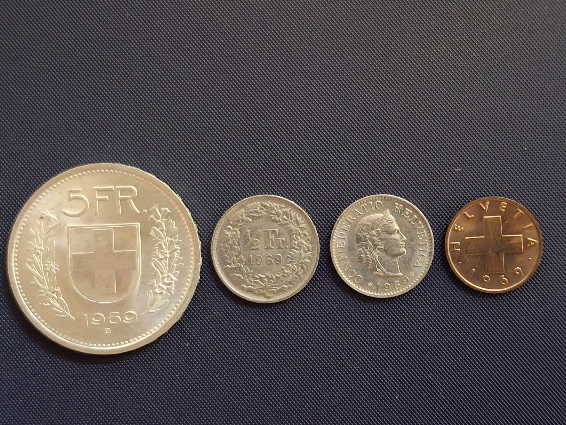Schweizer Münzen Jahrgang 1969 (5-Franken, 50 Rp, 5 Rp,1 Rp) (Gebraucht ...