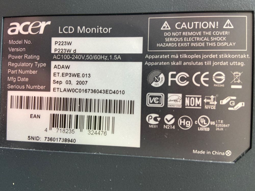 Monitor acer P223w, 22 Zoll (Gebraucht) in Lengnau AG für CHF 1 – nur ...