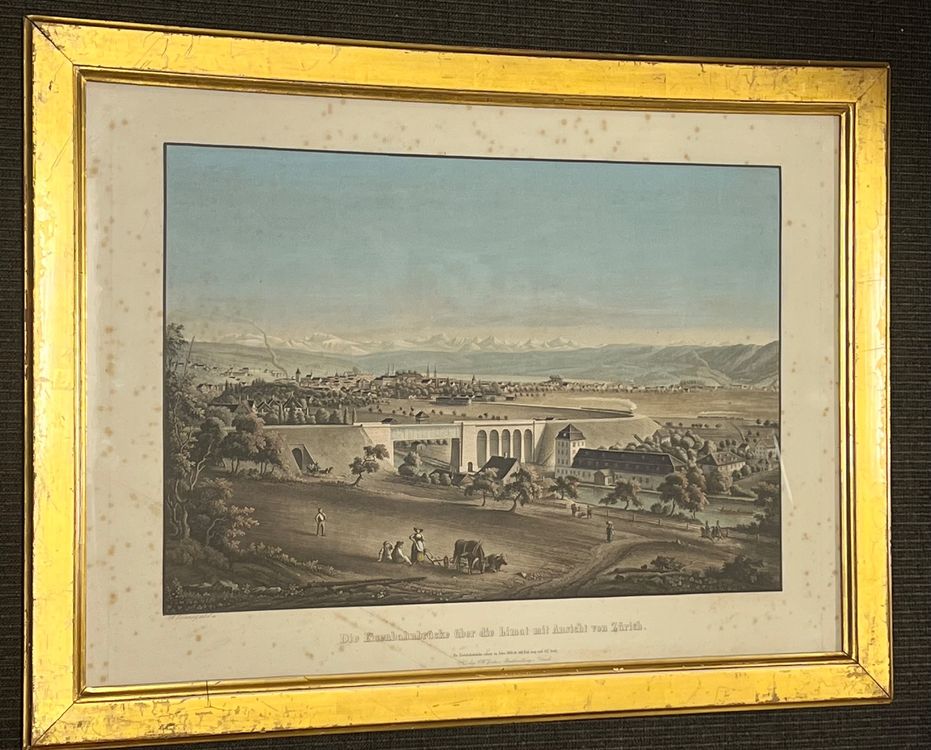 Isenring Aquatinta Eisenbahnbrücke über Limmat Dampflok 1857 (Gebraucht ...
