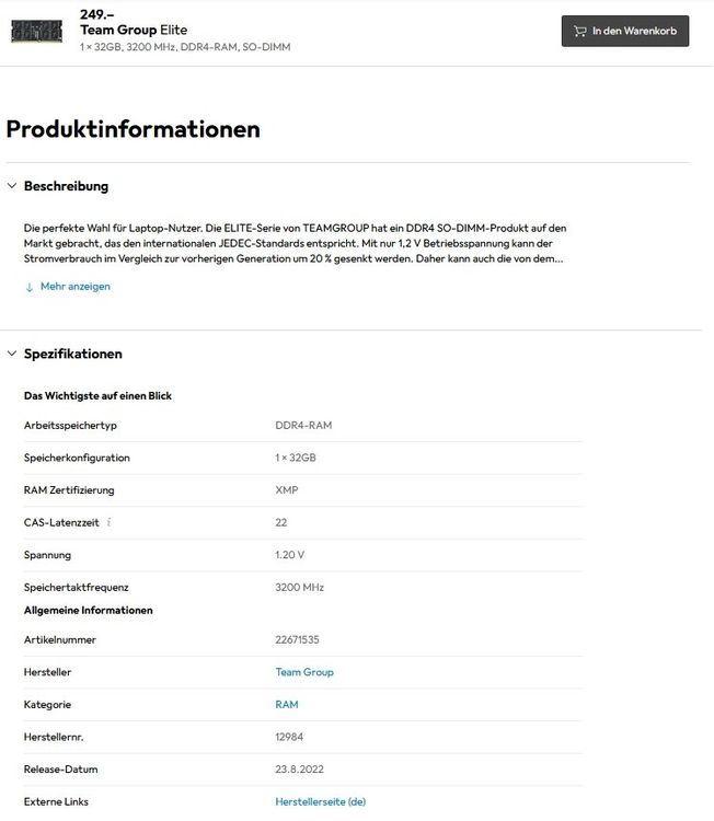 32 GB DDR4-3200 CL22 SODIMM Team Group Elite (Gebraucht) in Solothurn ...
