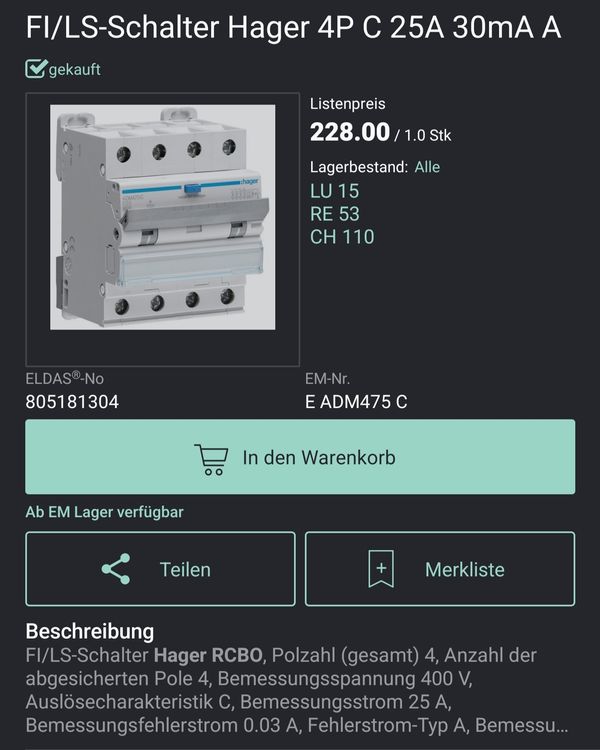 Hager FI/LS-Schalter 4P C 25A 30mA (Gebraucht) in Sarnen für CHF 51 ...