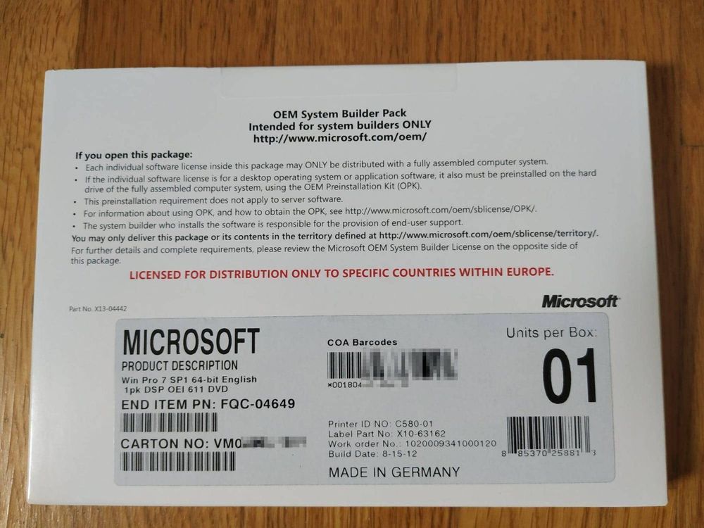 Windows 7 SP1 PRO OEM Englisch inkl. DVD | Kaufen auf Ricardo