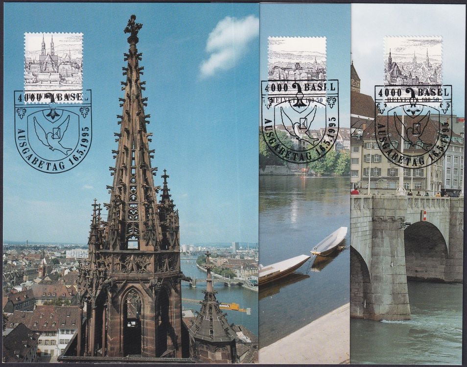 1995: W76-W78 BASEL Blockausschnitt auf 3 Maximumkarten. (Gebraucht) in Sursee für CHF 10 – mit ...