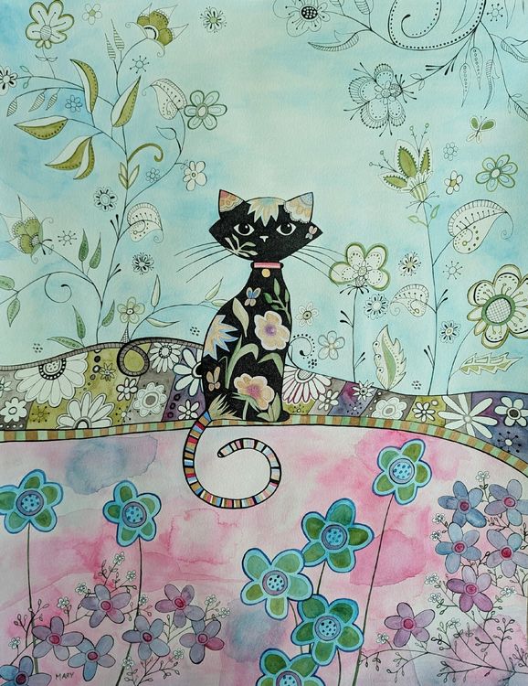 Original Aquarell schwarze Katze blumig und verspielt Bild (Neu und originalverpackt) in ...