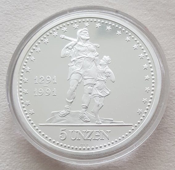 Schweizerische Eidgenossen-Taler aus dem Jahr 1991 - 5 Unzen (Neu und ...