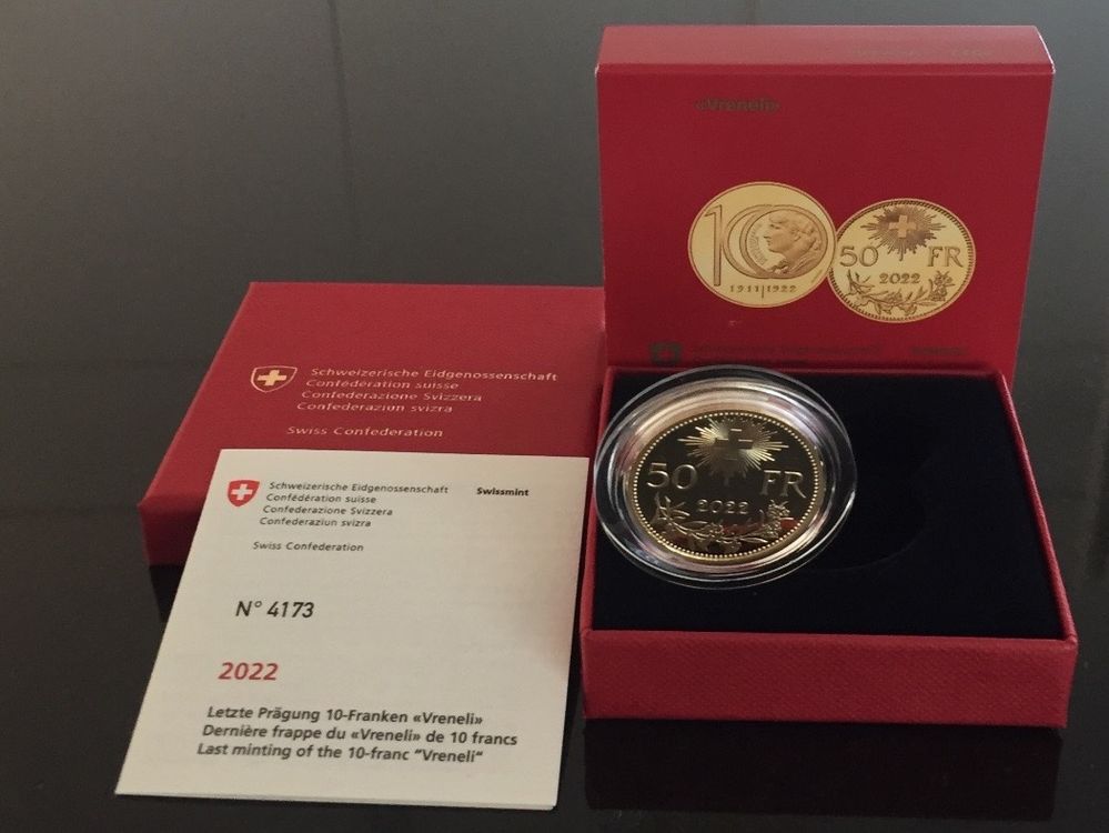 50 Franken 2022 Gold Letzte Prägung 10-Franken „Vreneli“ PP (Neu und originalverpackt) in ...