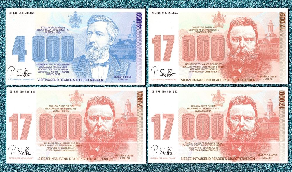 Schweizer noten Reader's Digest Franken 4 stück UNC (Neu (gemäss ...