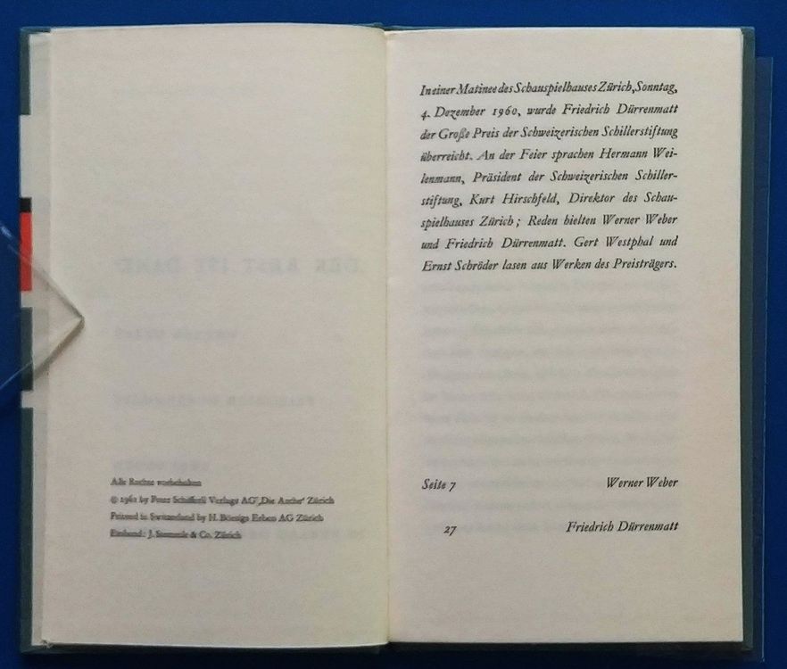 Friedrich Dürrenmatt - Werner Weber. Zwei Reden. EA 1961 | Kaufen auf Ricardo